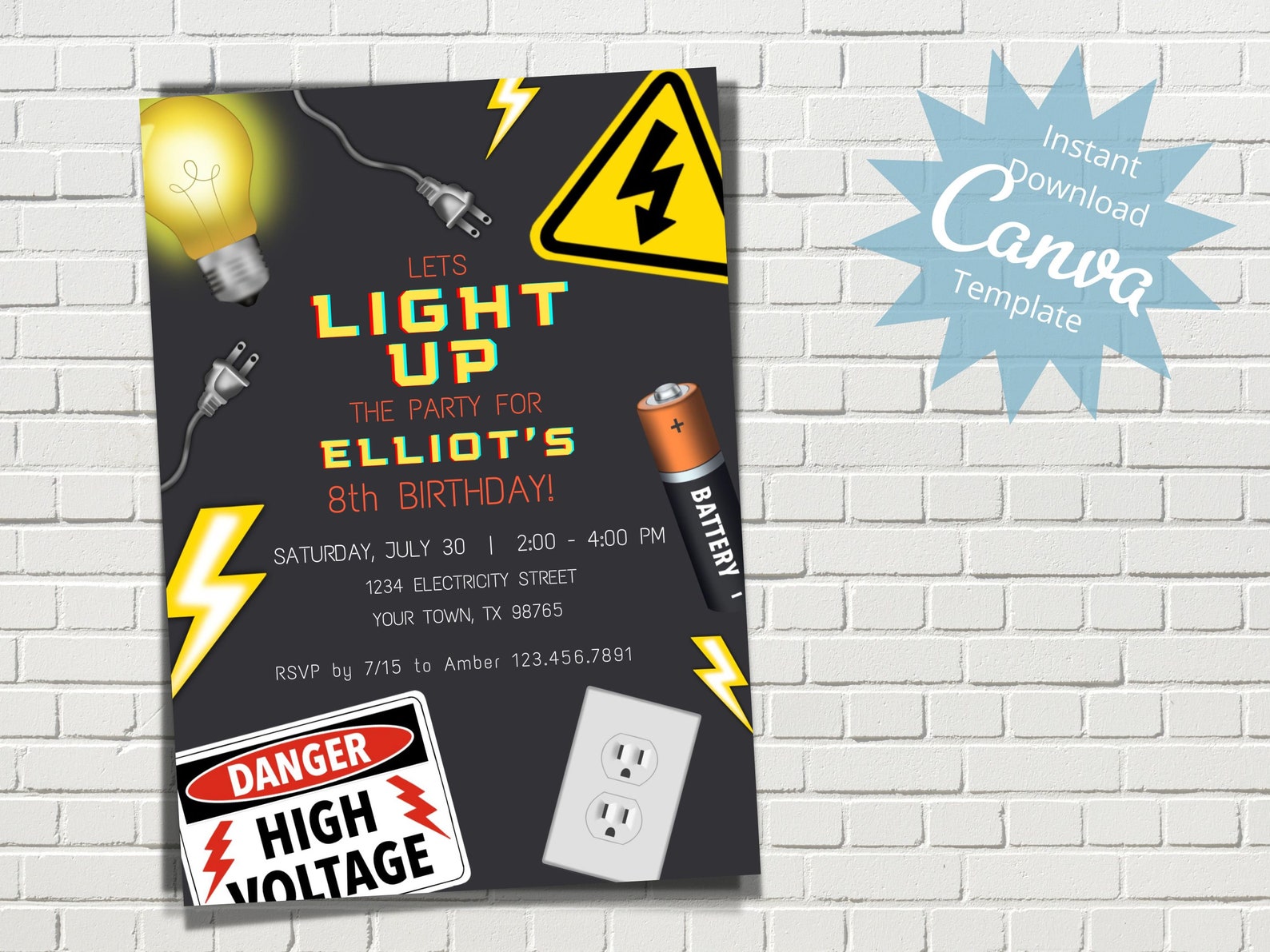 Electricity Birthday Party Invitation, Boys Editable Birthday Invite ...