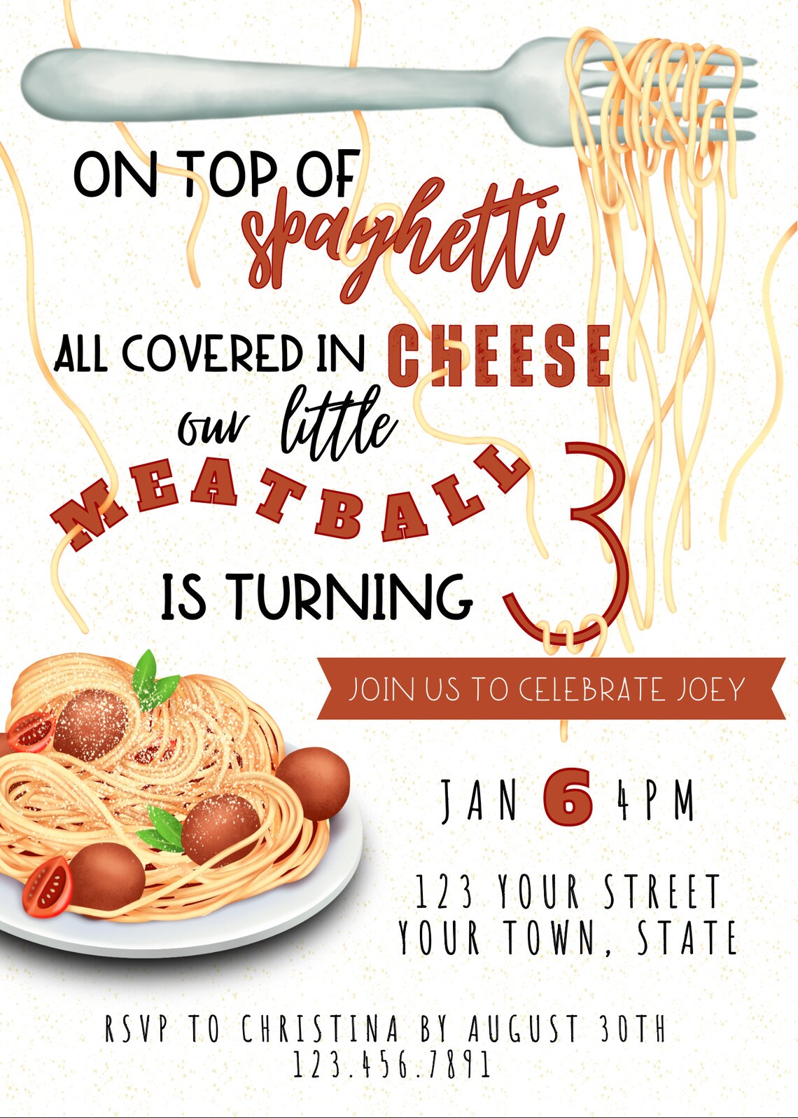 Spaghetti and Meatball Party Invitation, Customizable Kids Birthday ...