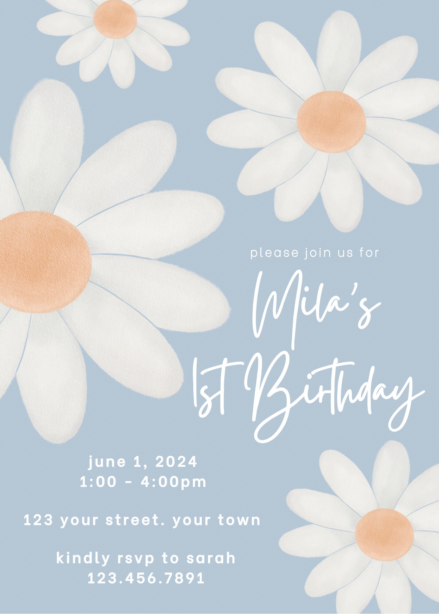 Blue Daisy Invitation, Any Age Birthday Invite, Boho Floral Girls ...