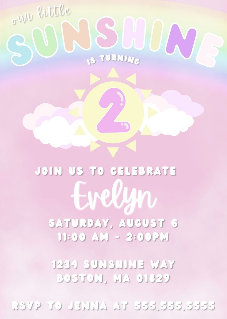 Editable Kids Birthday Invitation, Sunshine Bday Theme, Rainbow Kids ...