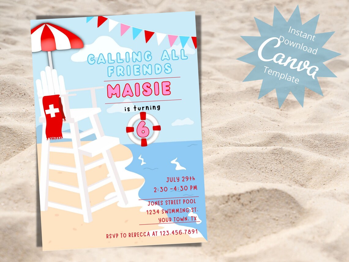 Editable Lifeguard Birthday Invitation Beach Party Invite - Etsy