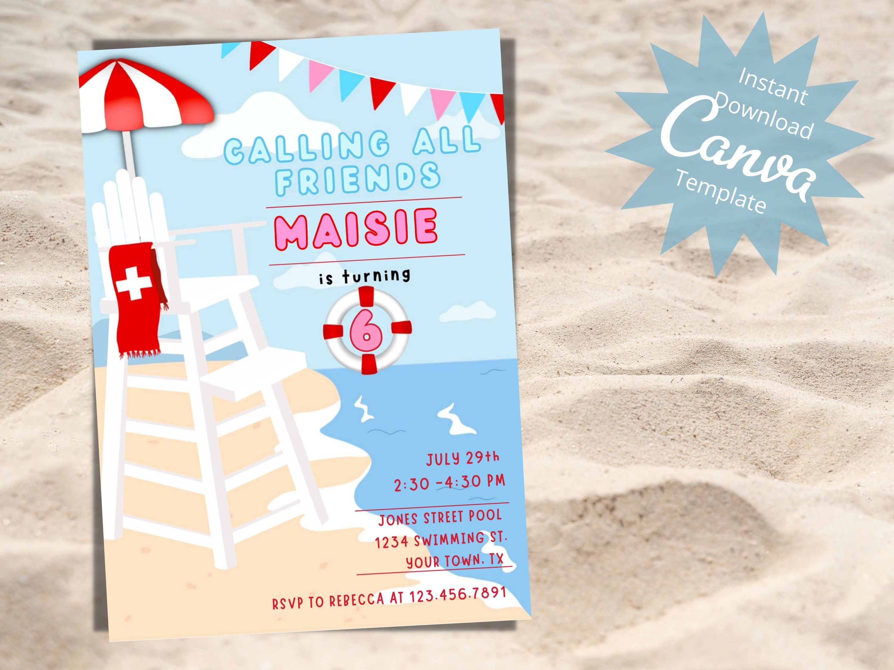 Editable Lifeguard Birthday Invitation, Beach Party Invite, Pool Party ...