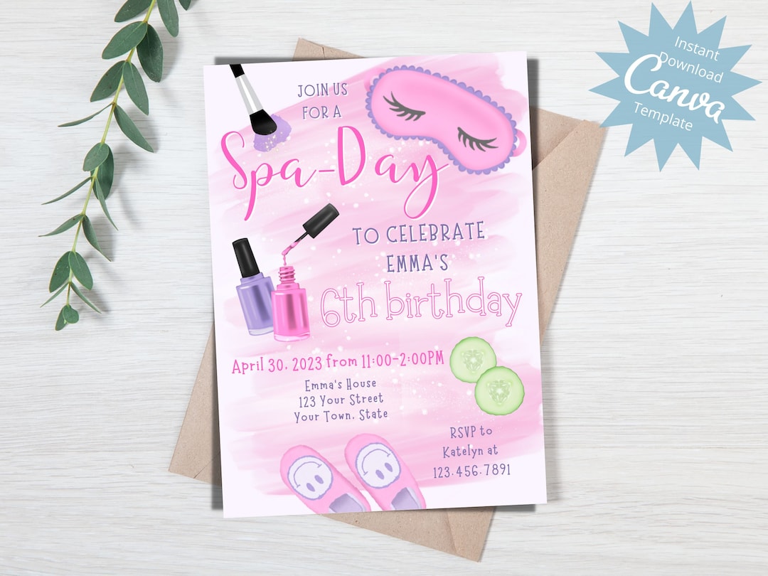 Girl Spa Day Invitation, Spa Birthday Invite, Pink Spa Slumber Party ...