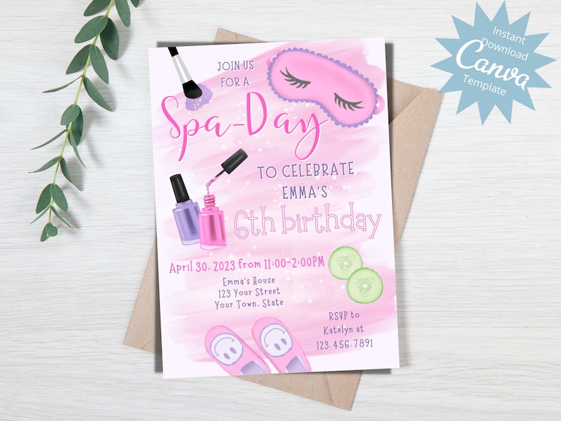 Girl Spa Day Invitation, Spa Birthday Invite, Pink Spa Slumber Party ...