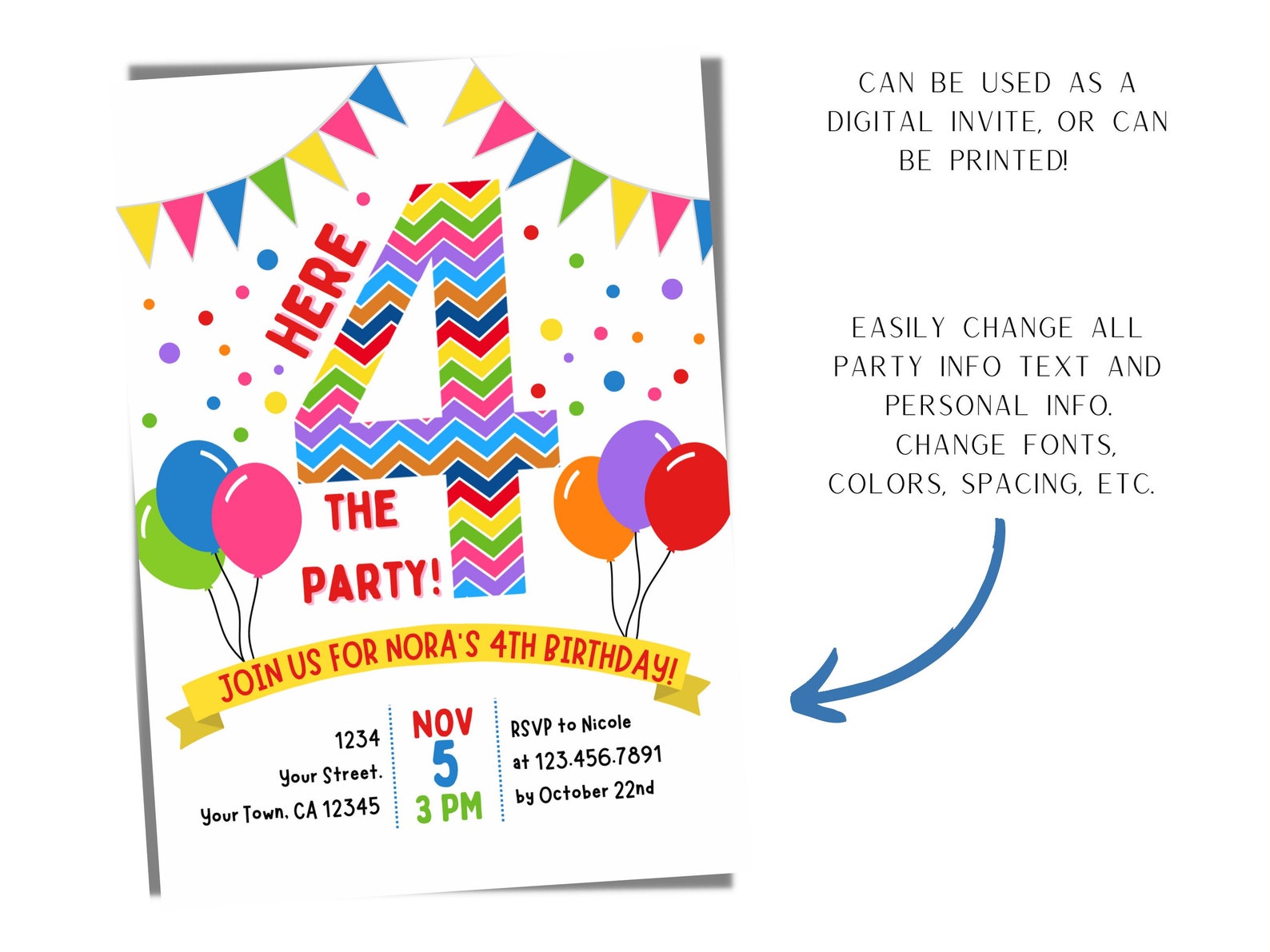 Editable Kids 4th Birthday Invitation Here 4 the Party - Etsy