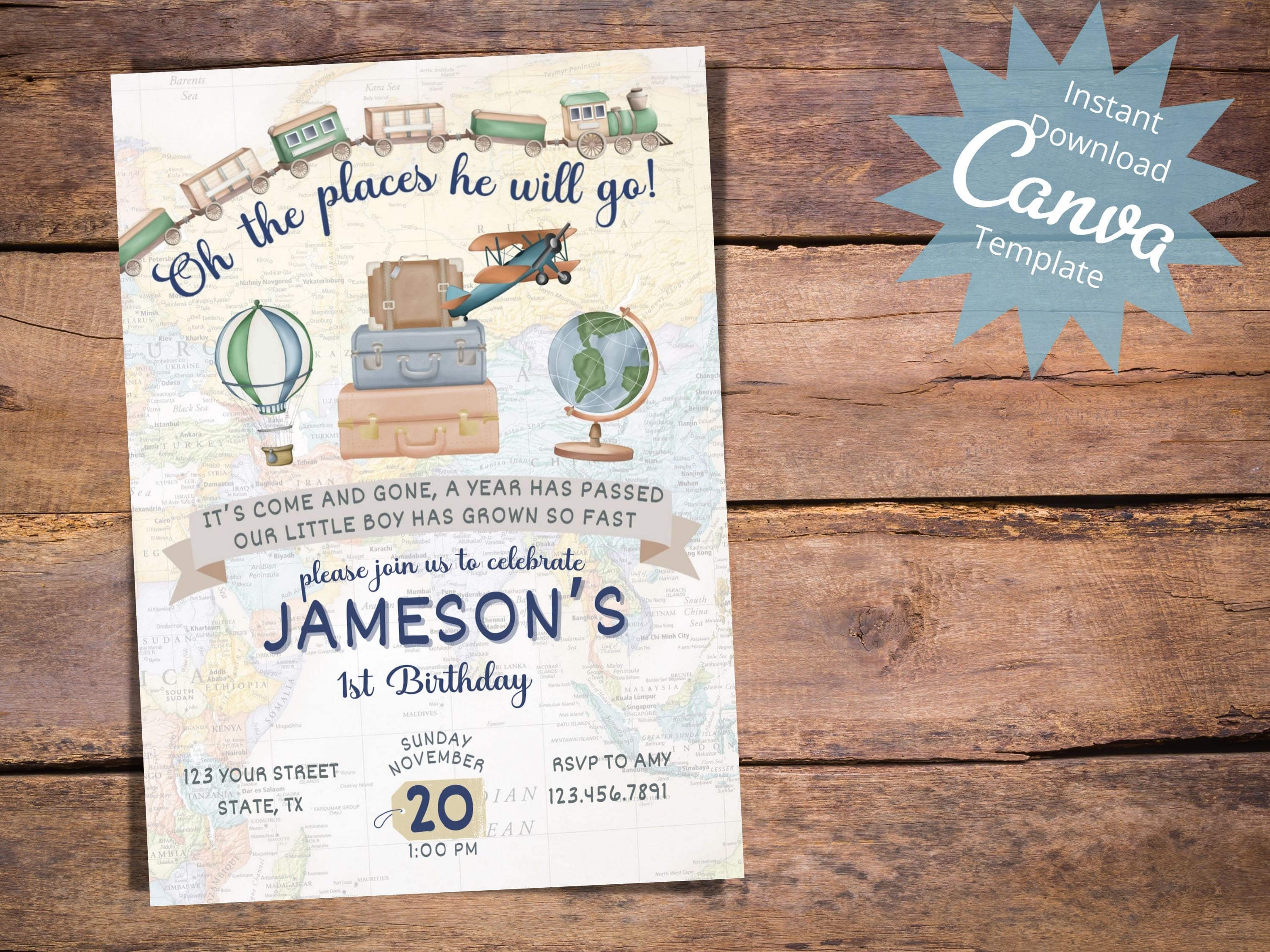 Oh the Places He’ll Go Invitation, Boys 1st Birthday Invite, Adventure ...