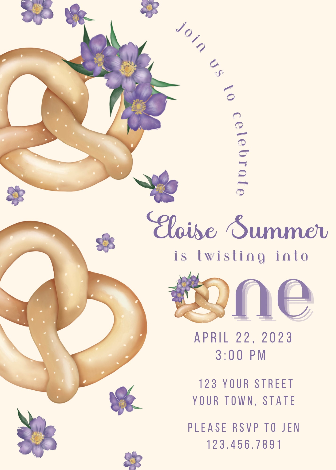Pretzel 1st Birthday Invitation, Pretzels and Flowers Invite, Twisting ...