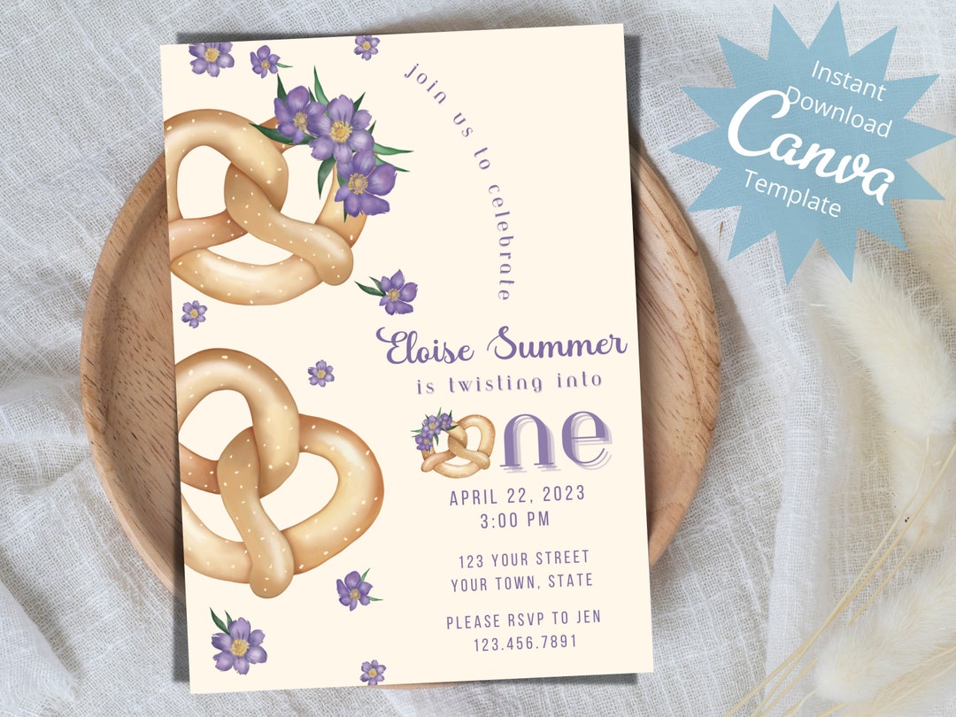 Pretzel 1st Birthday Invitation, Pretzels and Flowers Invite, Twisting ...
