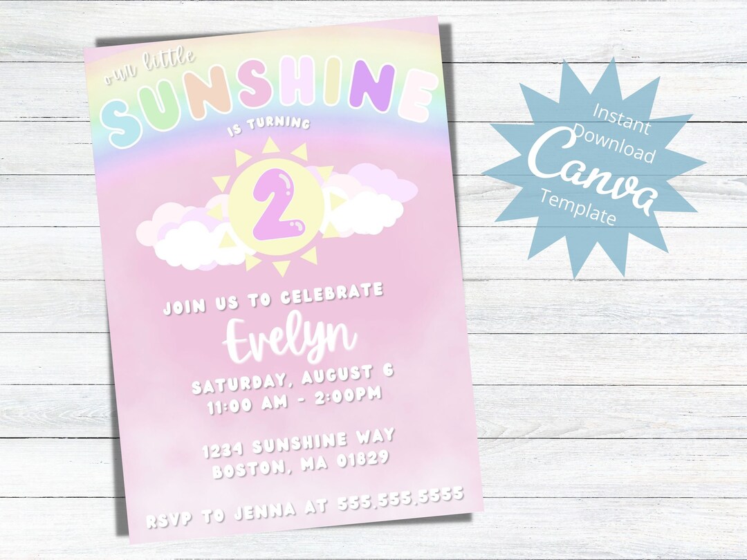 Editable Kids Birthday Invitation, Sunshine Bday Theme, Rainbow Kids ...