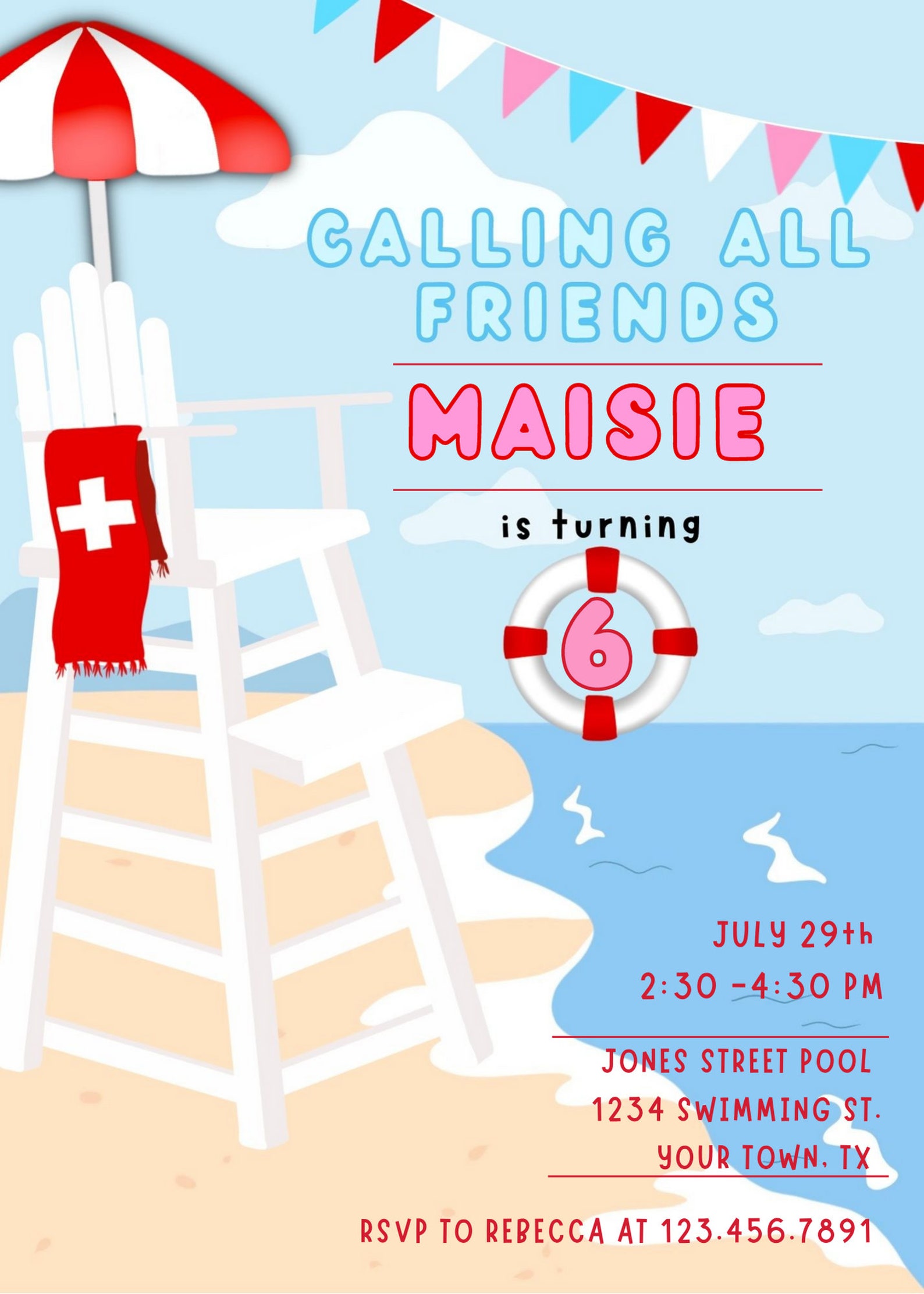 Editable Lifeguard Birthday Invitation, Beach Party Invite, Pool Party ...