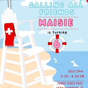 Editable Lifeguard Birthday Invitation, Beach Party Invite, Pool Party ...