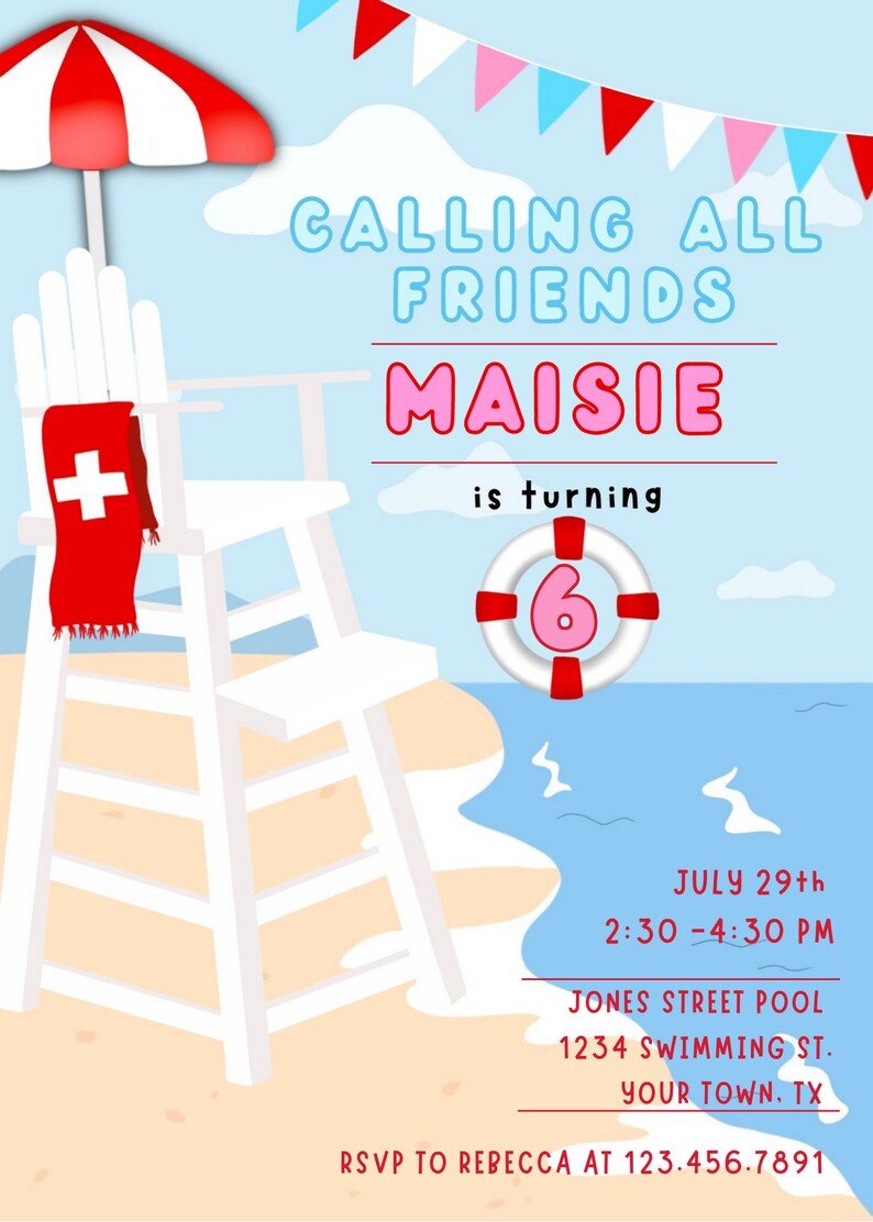 Editable Lifeguard Birthday Invitation, Beach Party Invite, Pool Party ...