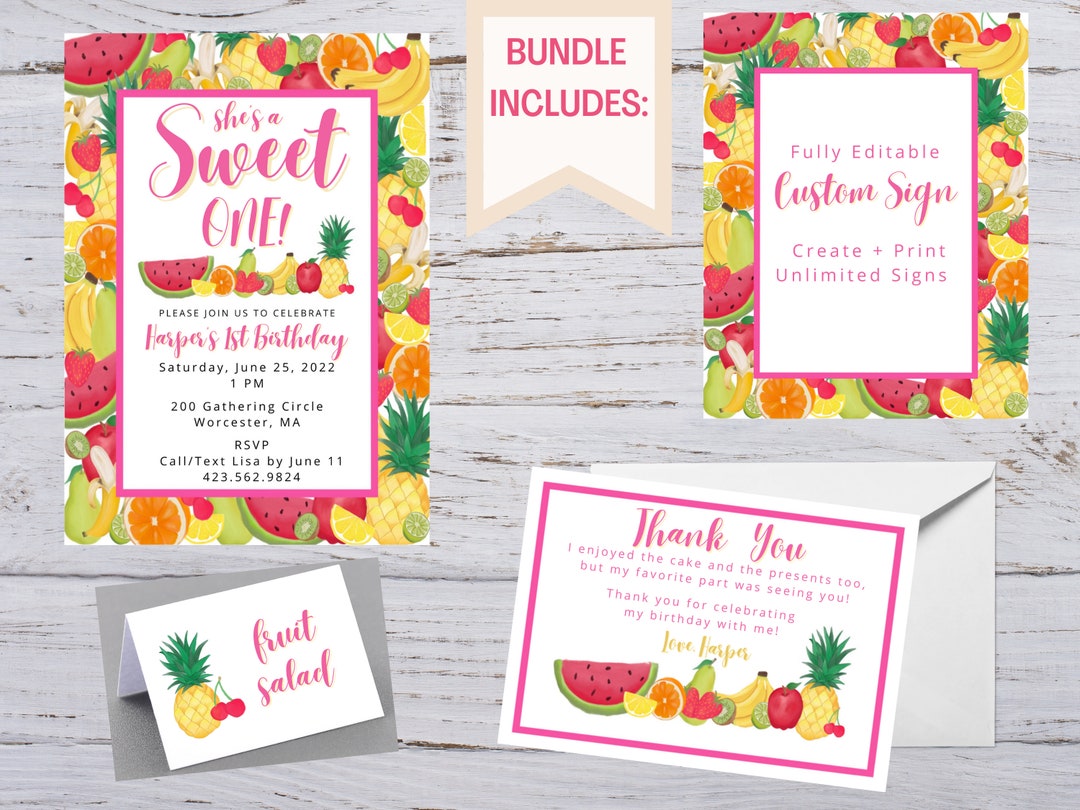 First Birthday Party Invitation, Fruit Theme Party, She's a Sweet One ...
