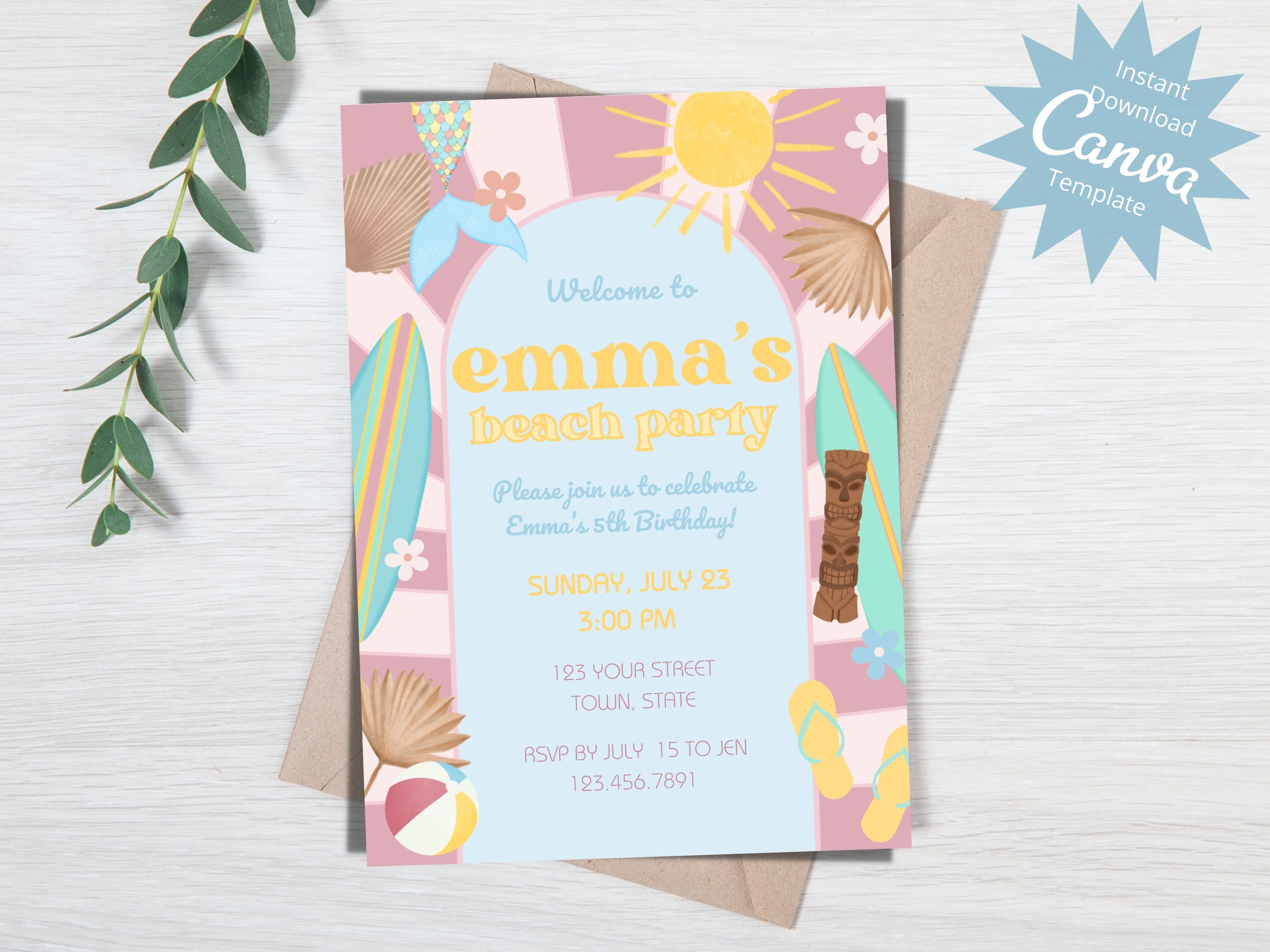 Editable Birthday Invitation, Boho Beach Party Invite, Beach Birthday ...
