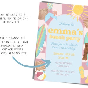 Editable Birthday Invitation, Boho Beach Party Invite, Beach Birthday ...