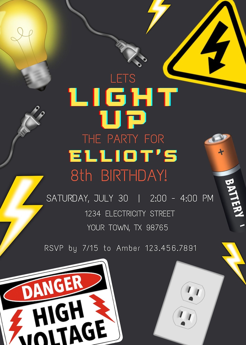 Electricity Birthday Party Invitation, Boys Editable Birthday Invite ...
