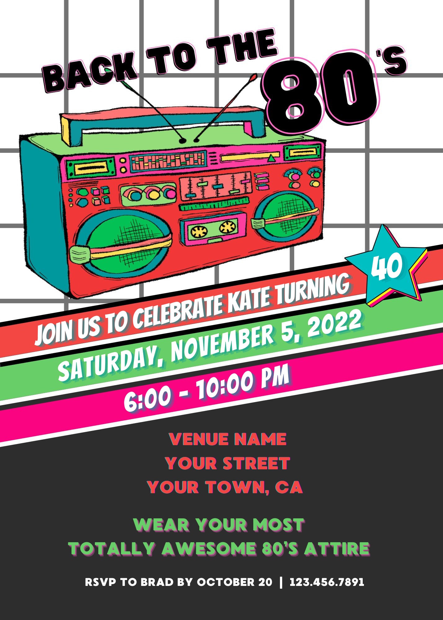 Editable 80s Invitation, 80s Birthday Invitation, 80s Party Invite ...