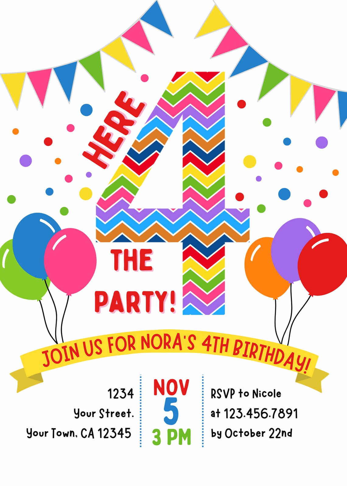 Editable Kids 4th Birthday Invitation, Here 4 the Party, Bright Color ...