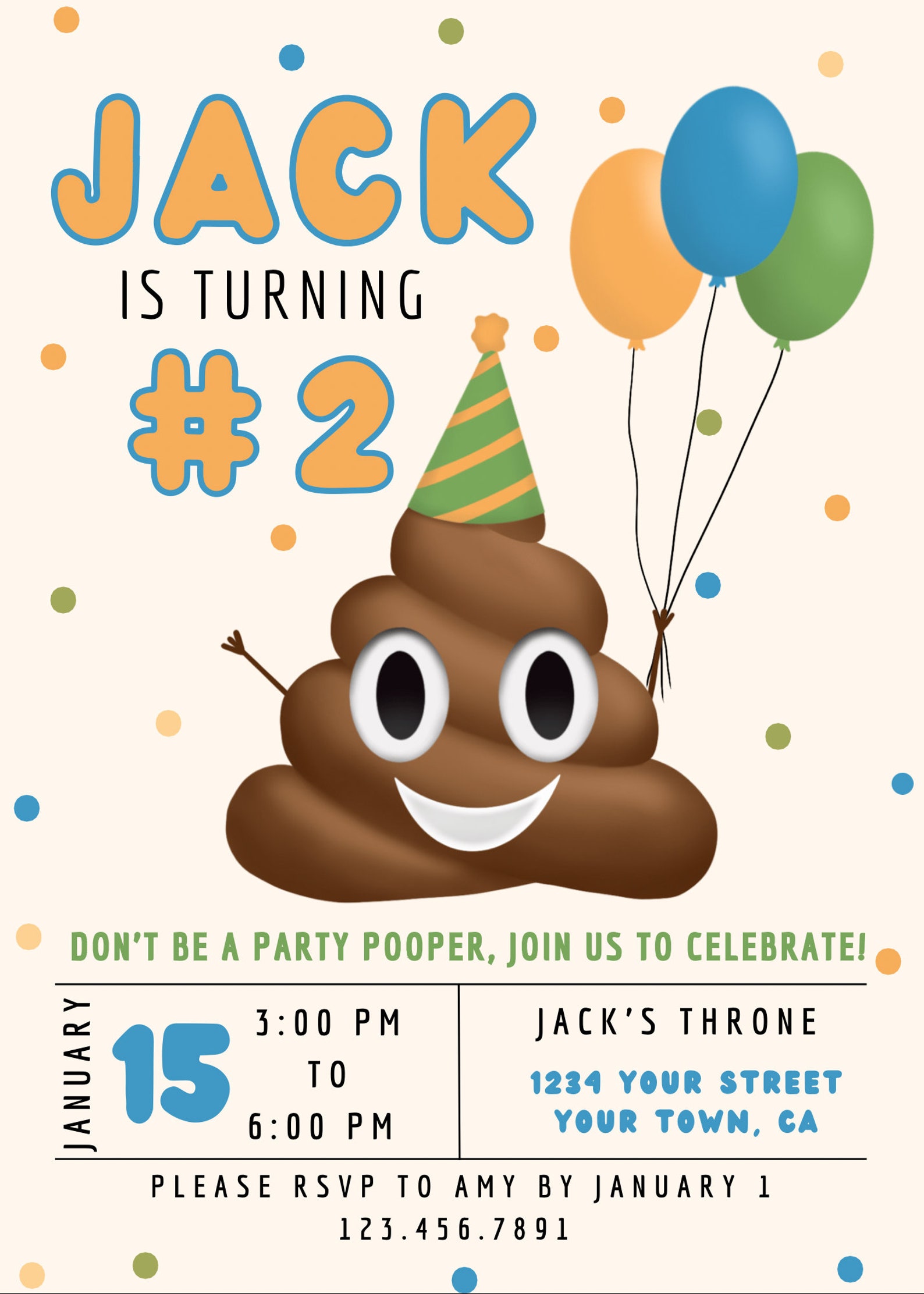 Poop Emoji Birthday Party Invitation, Editable 2nd Birthday Invite ...