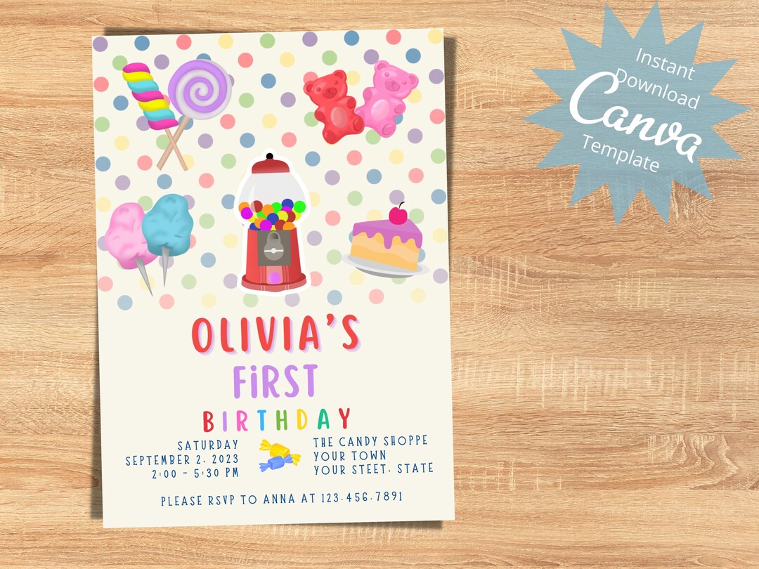 Editable Candy Invitation, Sweet Celebration Birthday Invite, Polka Dot ...