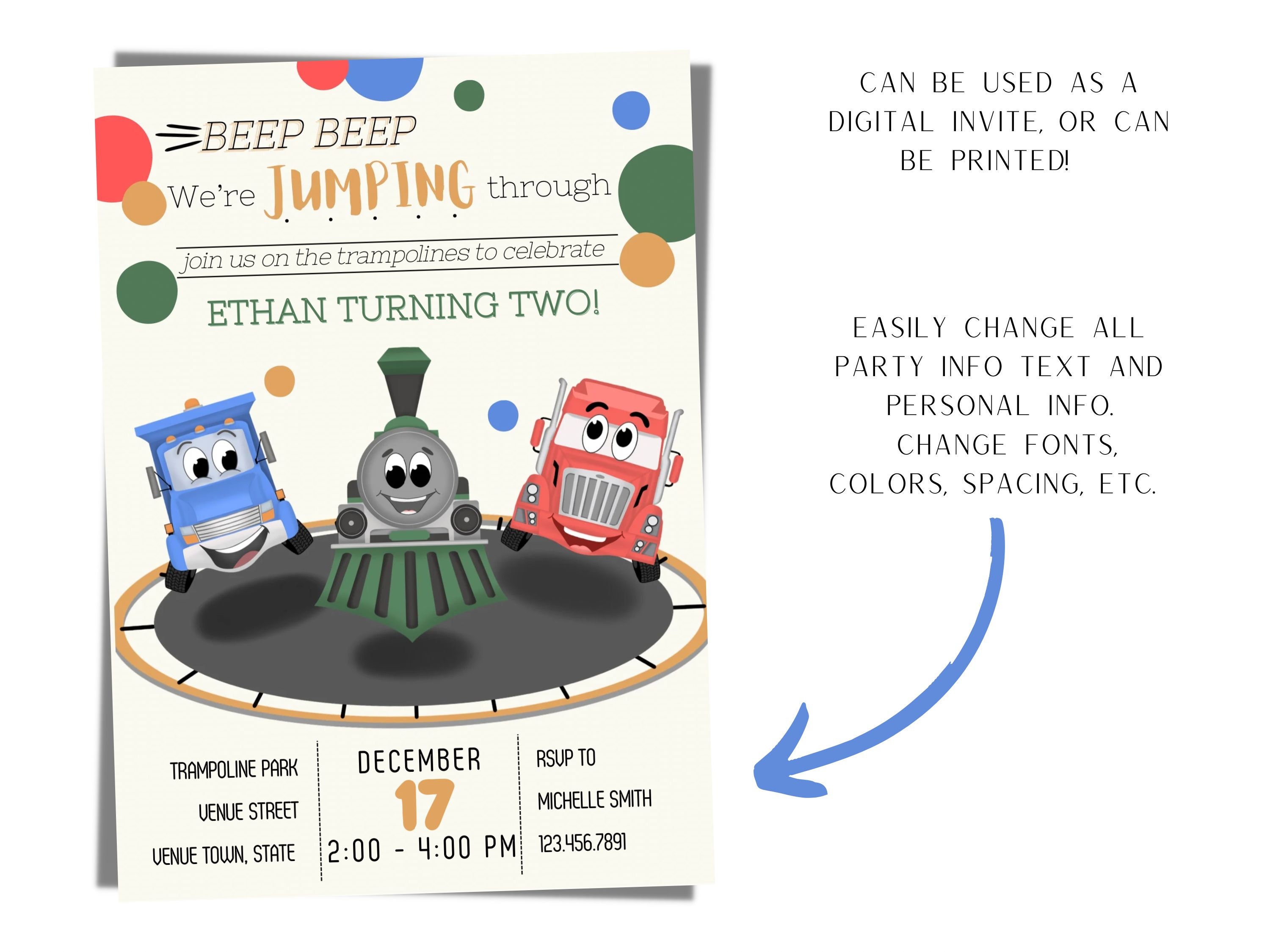 Editable Trains and Trucks Invitation Boys Trampoline Invite - Etsy