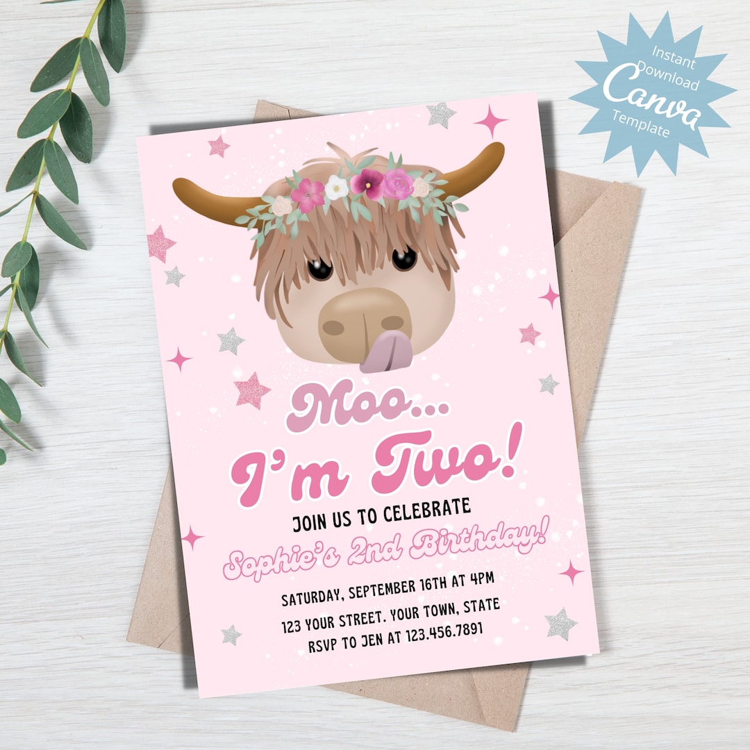 Moo I’m 2 Birthday Invitation, Girls 2nd Birthday Invite, Floral ...