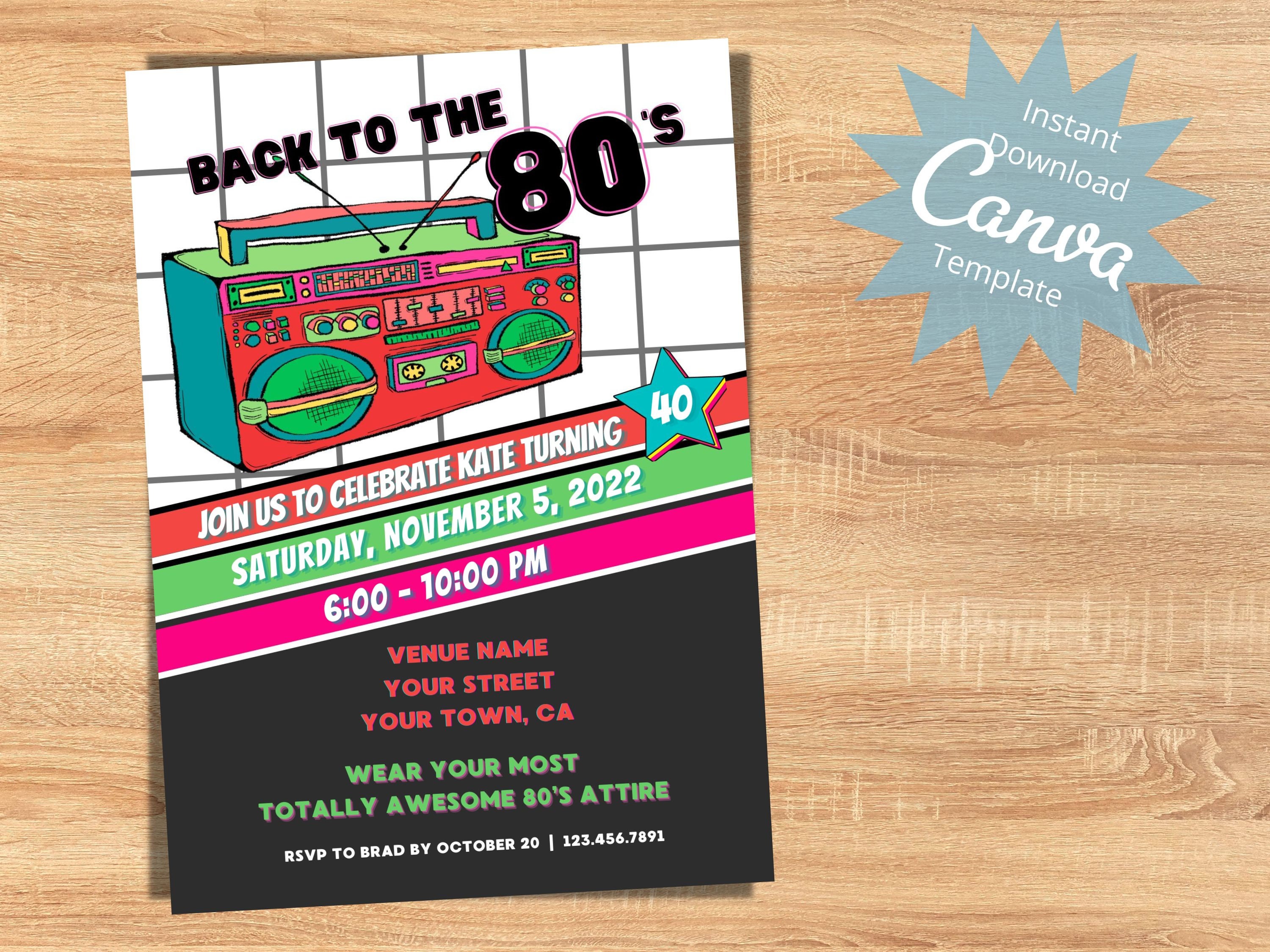Editable 80s Invitation, 80s Birthday Invitation, 80s Party Invite ...