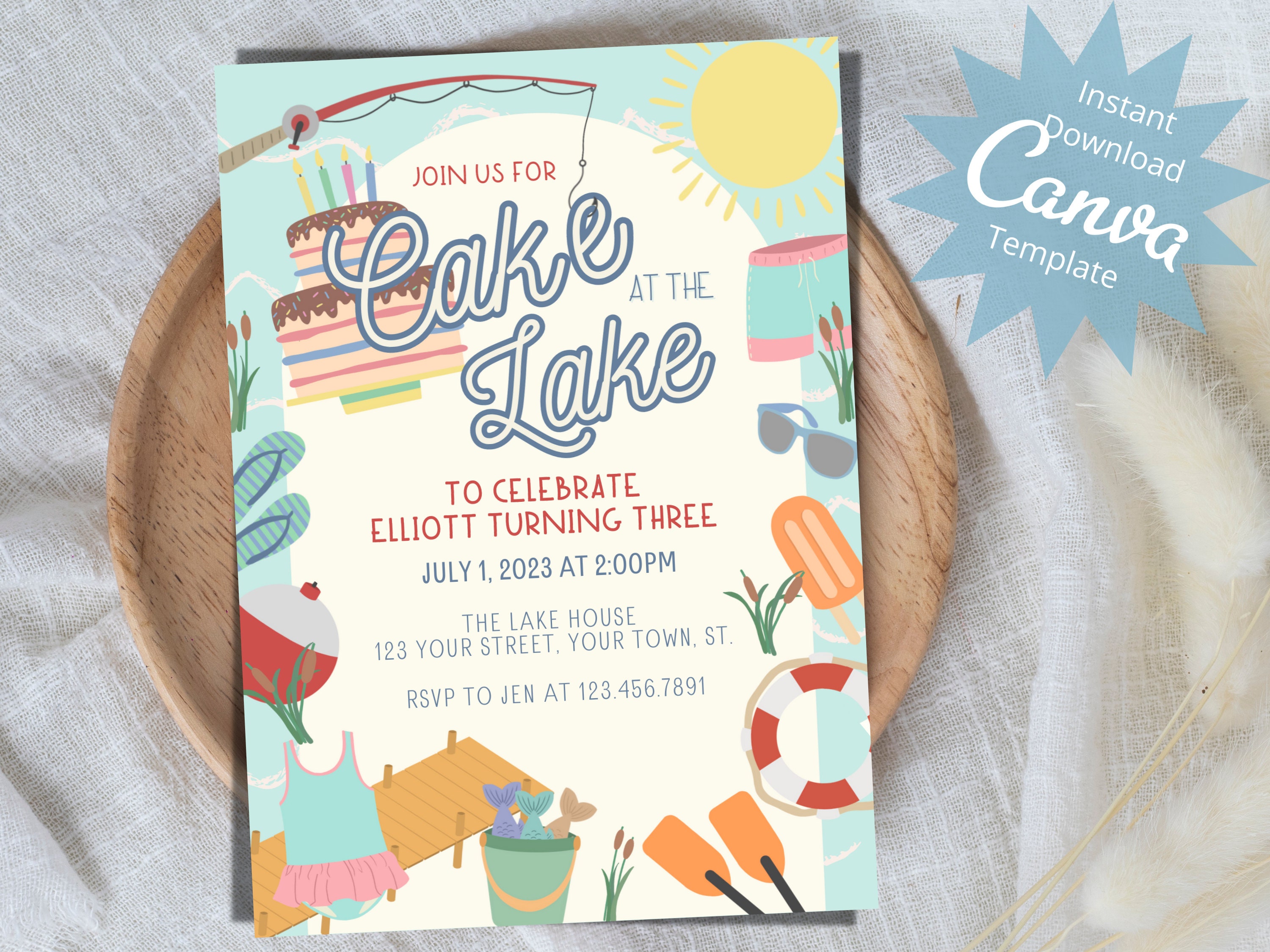 Cake at the Lake Birthday Invitation, Lake Theme Birthday Invite ...
