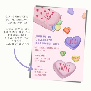 Editable Valentines Day Birthday Invitation, Candy Hearts Birthday ...