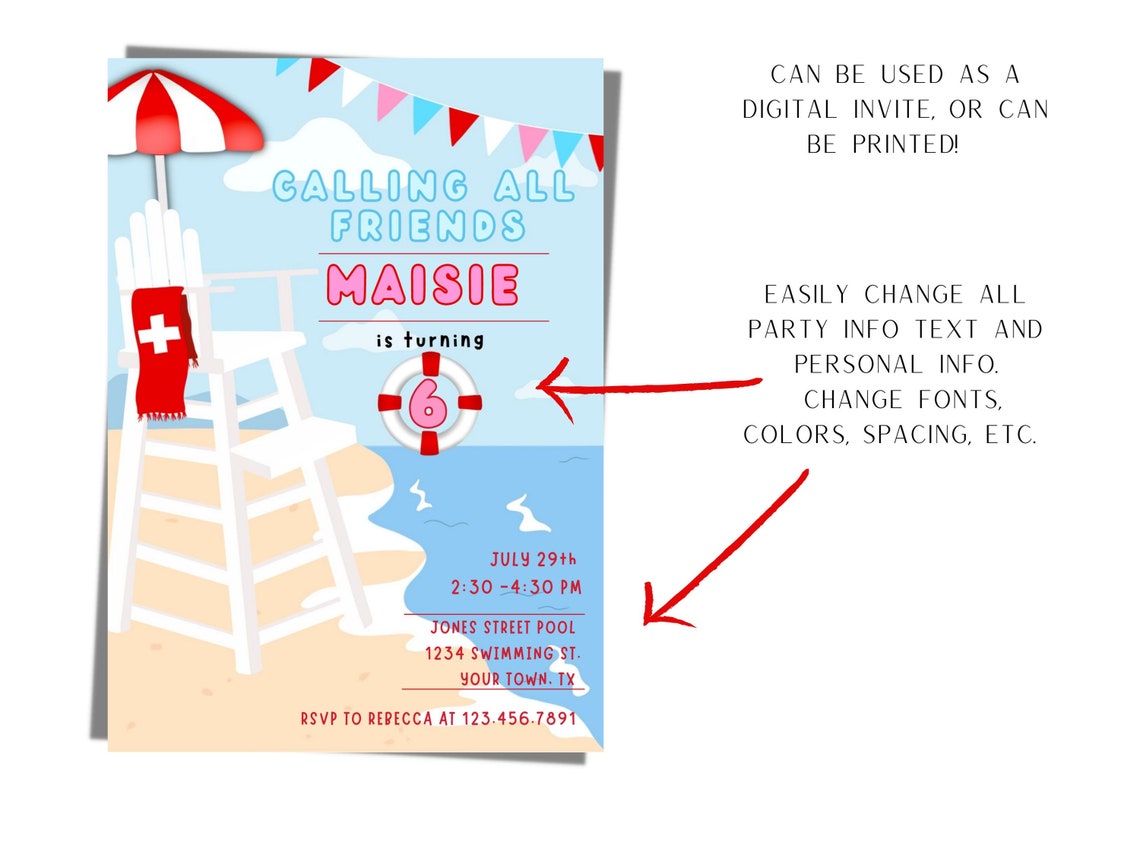 Editable Lifeguard Birthday Invitation Beach Party Invite - Etsy