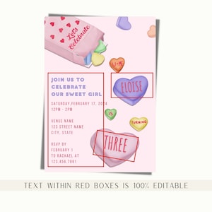 Editable Valentines Day Birthday Invitation, Candy Hearts Birthday ...