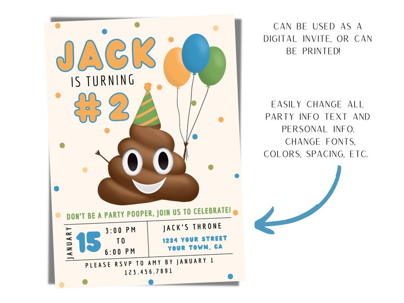 Poop Emoji Birthday Party Invitation, Editable 2nd Birthday Invite ...