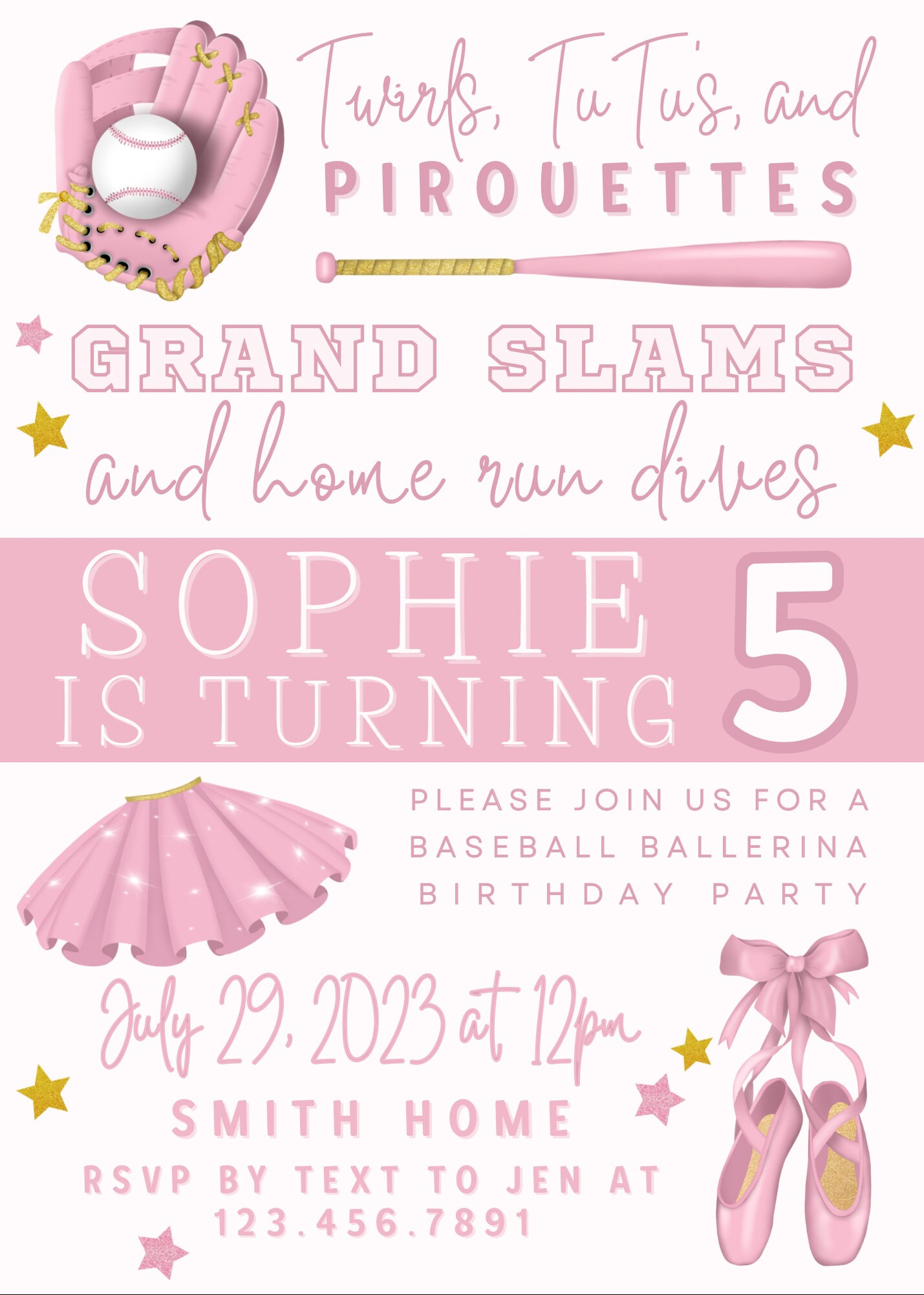 Baseball and Ballerina Birthday Invitation, Any Age Girls Birthday ...