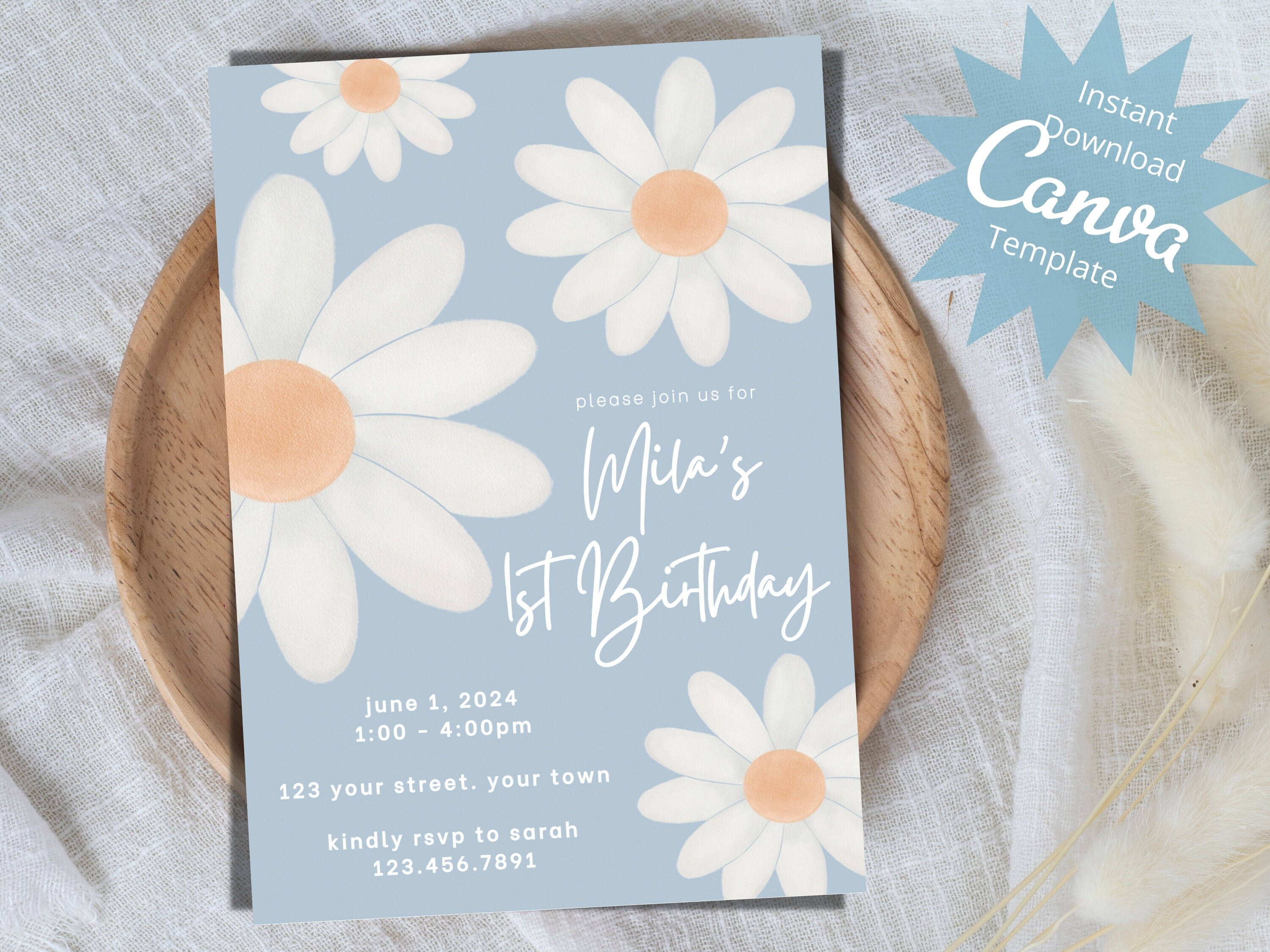 Blue Daisy Invitation, Any Age Birthday Invite, Boho Floral Girls ...