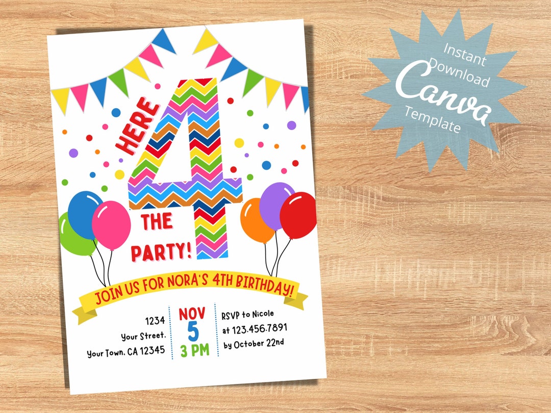 Editable Kids 4th Birthday Invitation, Here 4 the Party, Bright Color ...