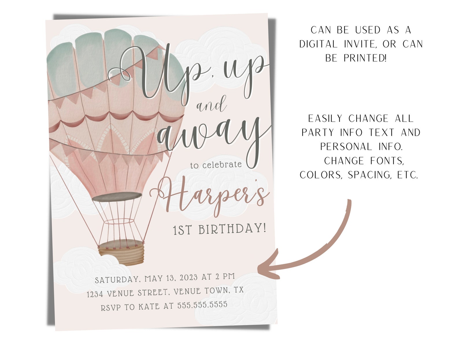 Editable Pink Hot Air Balloon Birthday Invitation, Customizable Kids ...