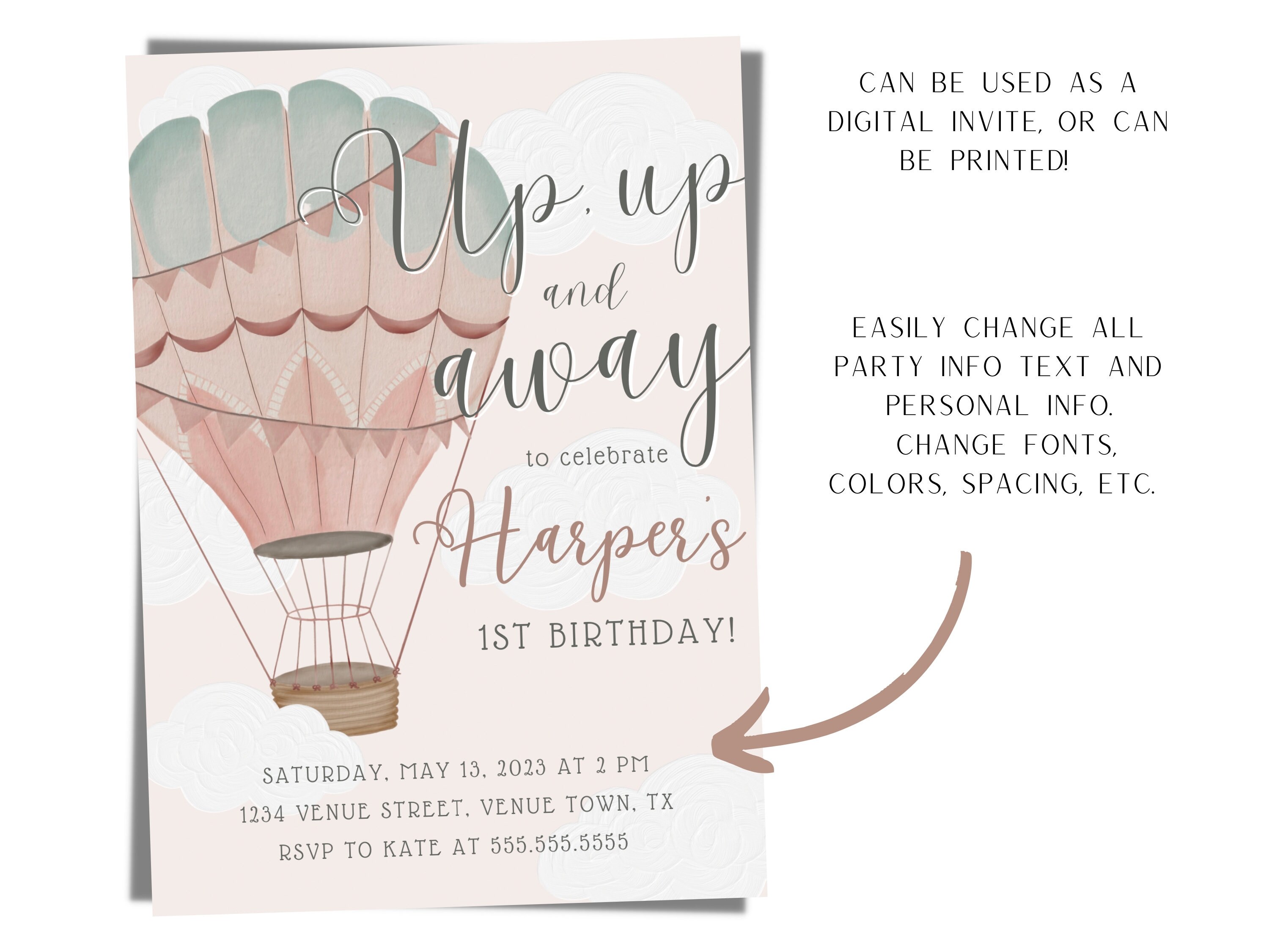 Editable Pink Hot Air Balloon Birthday Invitation, Customizable Kids ...