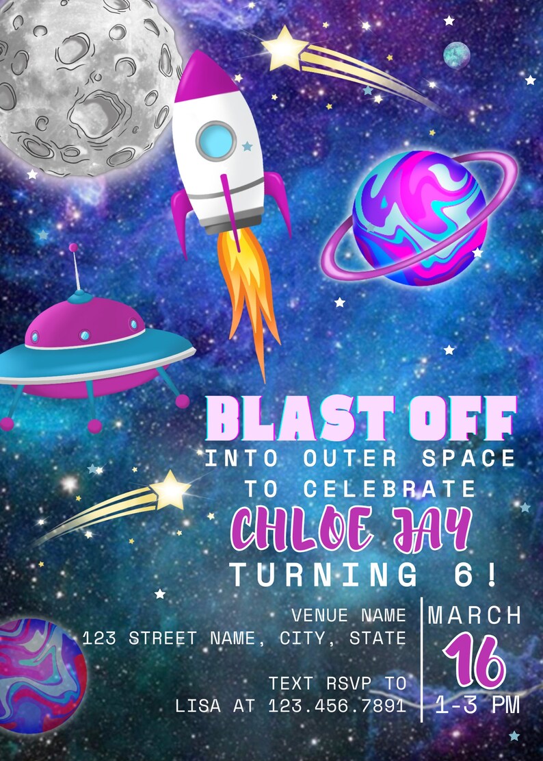 Kids Space Birthday Party Invitation, Spaceship Birthday Invite ...