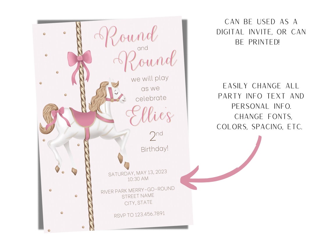 Editable Merry Go Round Invitation, Girl Birthday Invite, Carousel ...