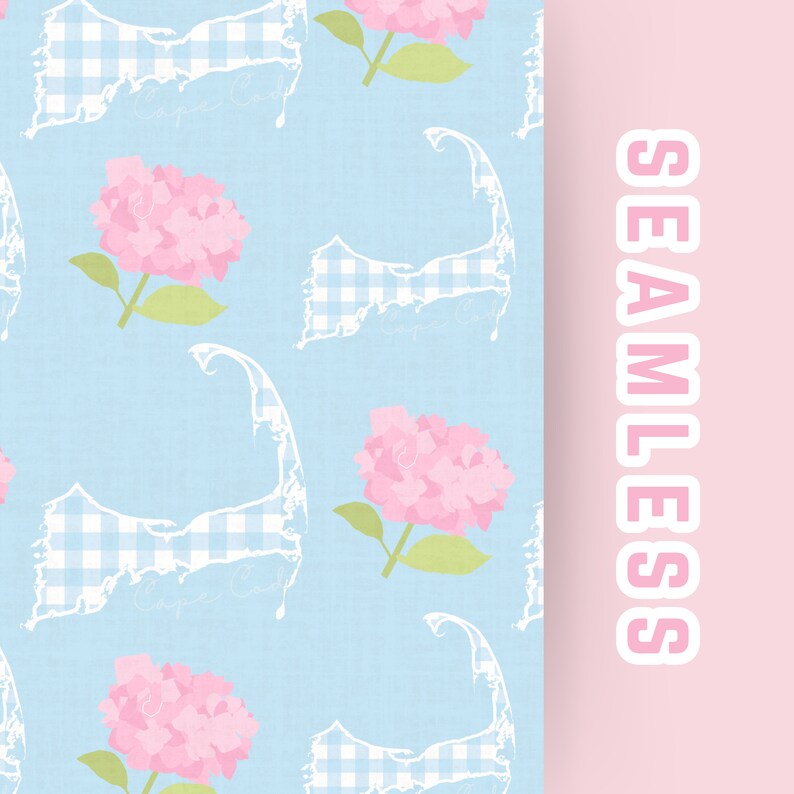 Seamless Cape Cod Hydrangea Pattern, PNG Digital Paper, Crafting, Wallpaper, Wall Art Pastel ...