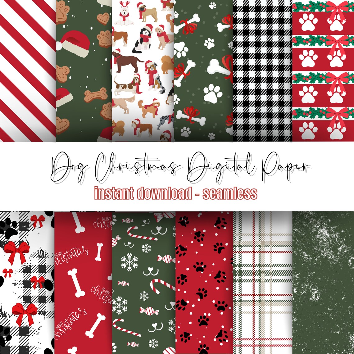 Dog Christmas Digital Paper, Instant Download and Print Puppy Christmas ...
