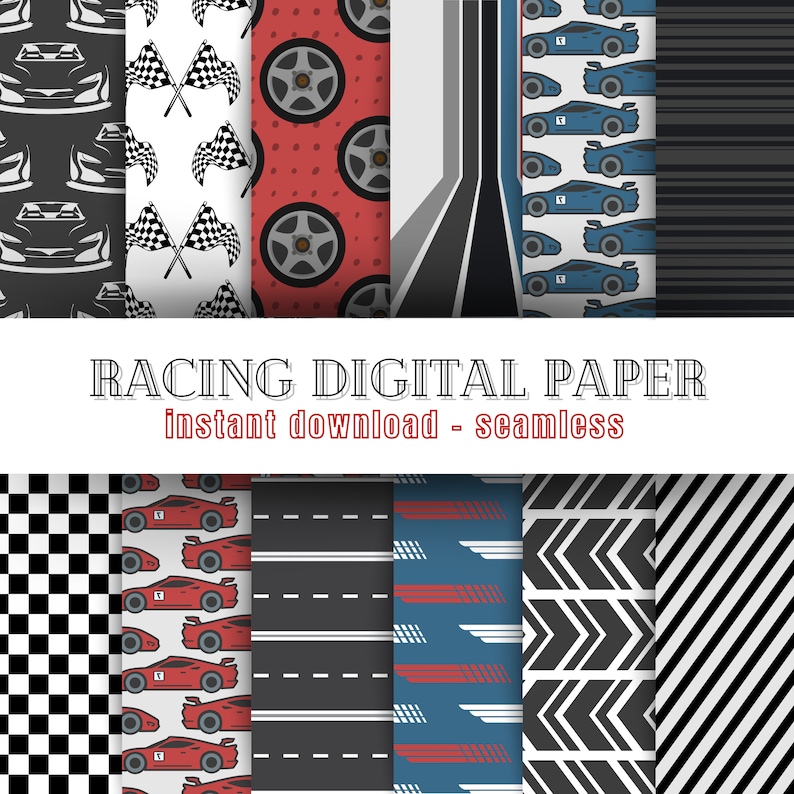Race Car Digital Paper Bundle Seamless Patterns Formula 1, Fast One ...