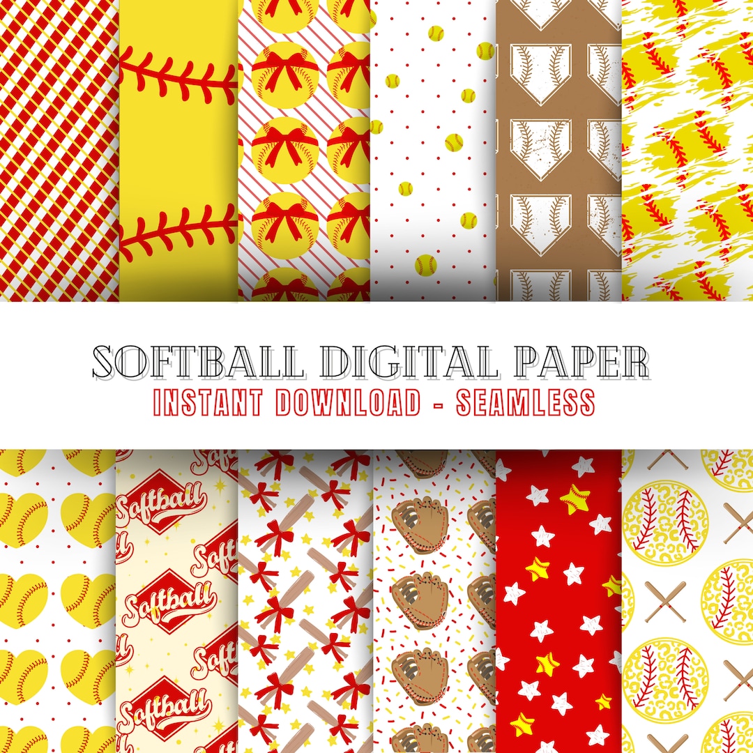 Seamless Softball Digital Paper Bundle Instant Download Girly