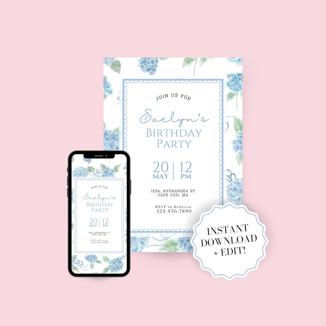 Custom Hydrangea Birthday Party Invitation Template | Grand Millennial ...
