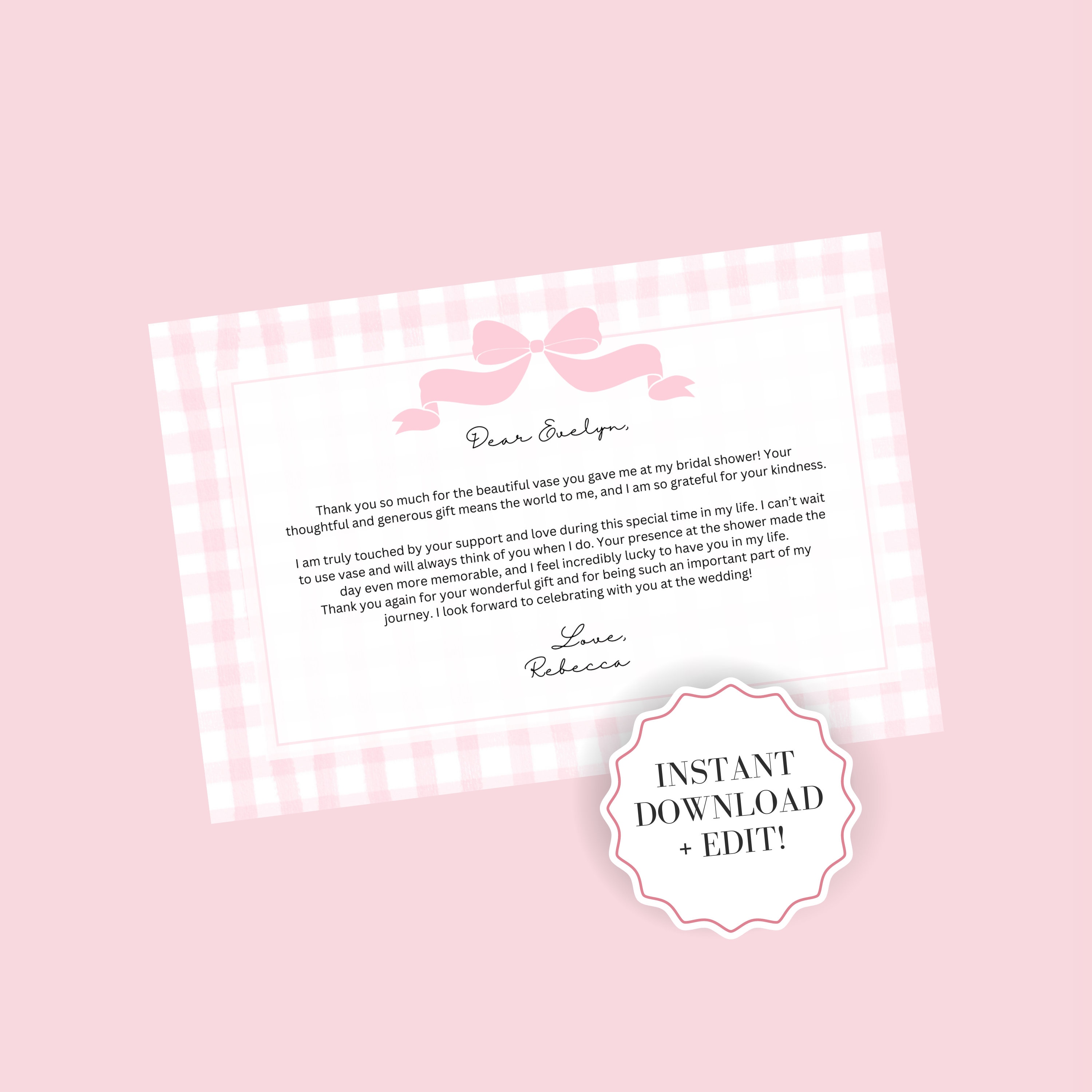 Editable Coquette Thank You Cards for Bridal Shower, Baby Shower ...