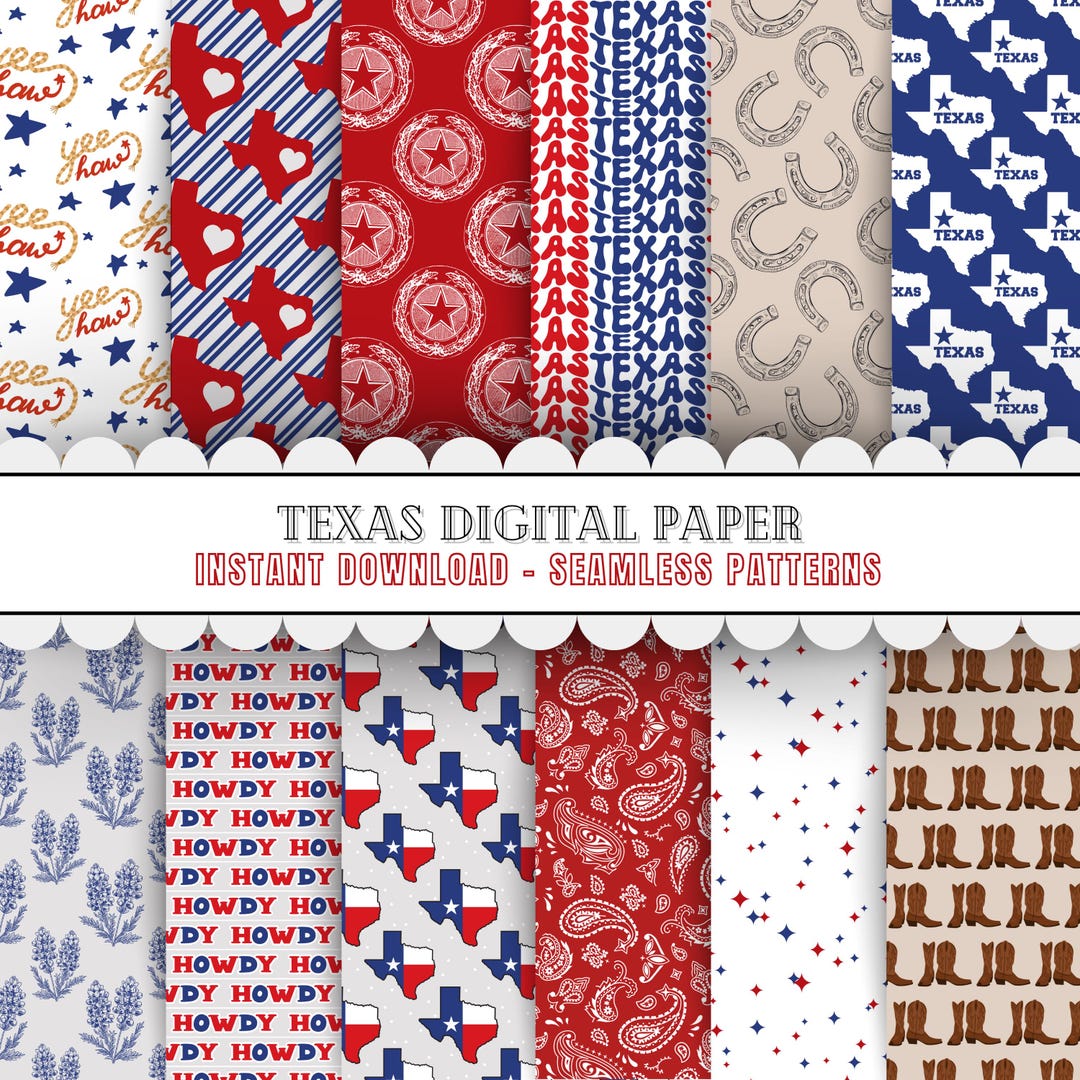 Seamless Texas Digital Paper Bundle | Printable Red White, and Blue Art ...