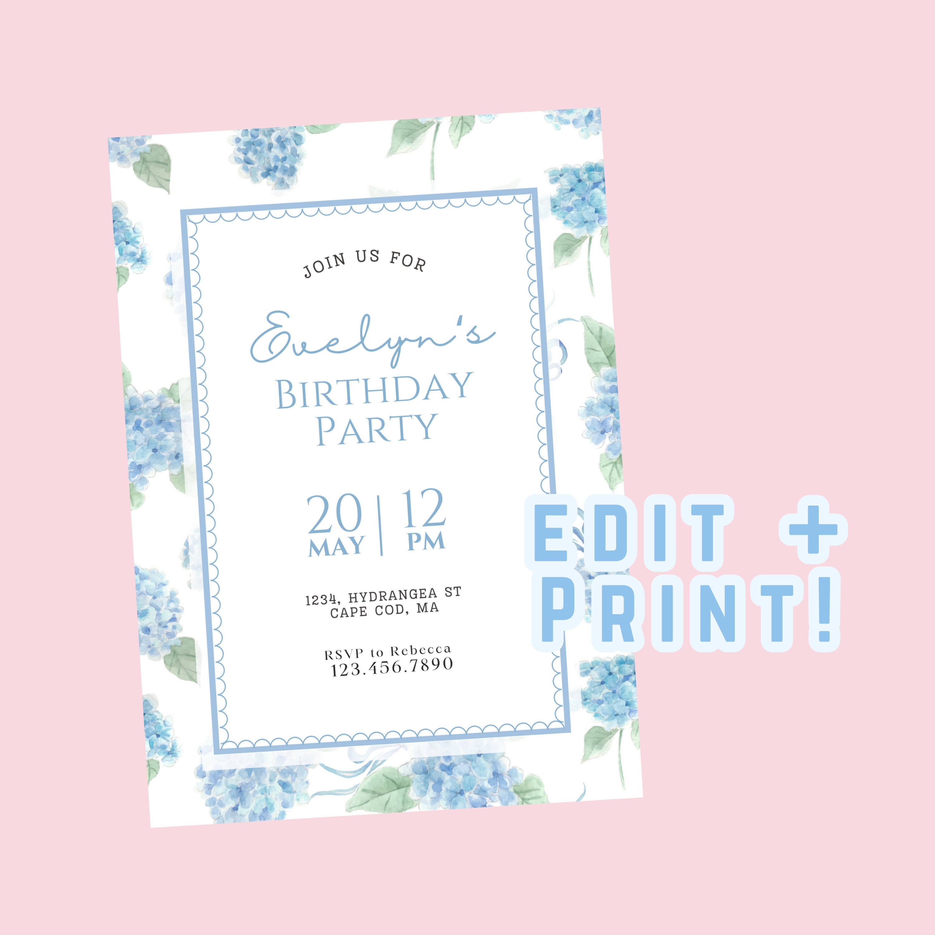 Custom Hydrangea Birthday Party Invitation Template Grand Millennial ...