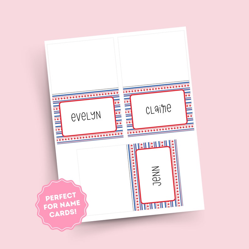 Printable Patriotic Name Cards, Table, Food Labels Instant Download 4th ...