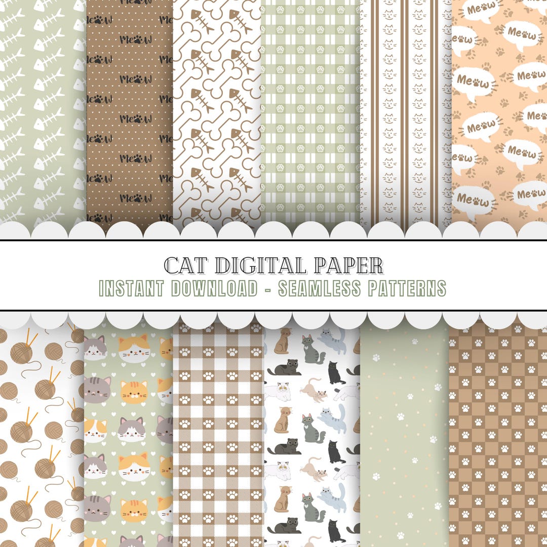 Cat Digital Paper Bundle | Seamless, Kitten, Paw Print Digital Pattern ...