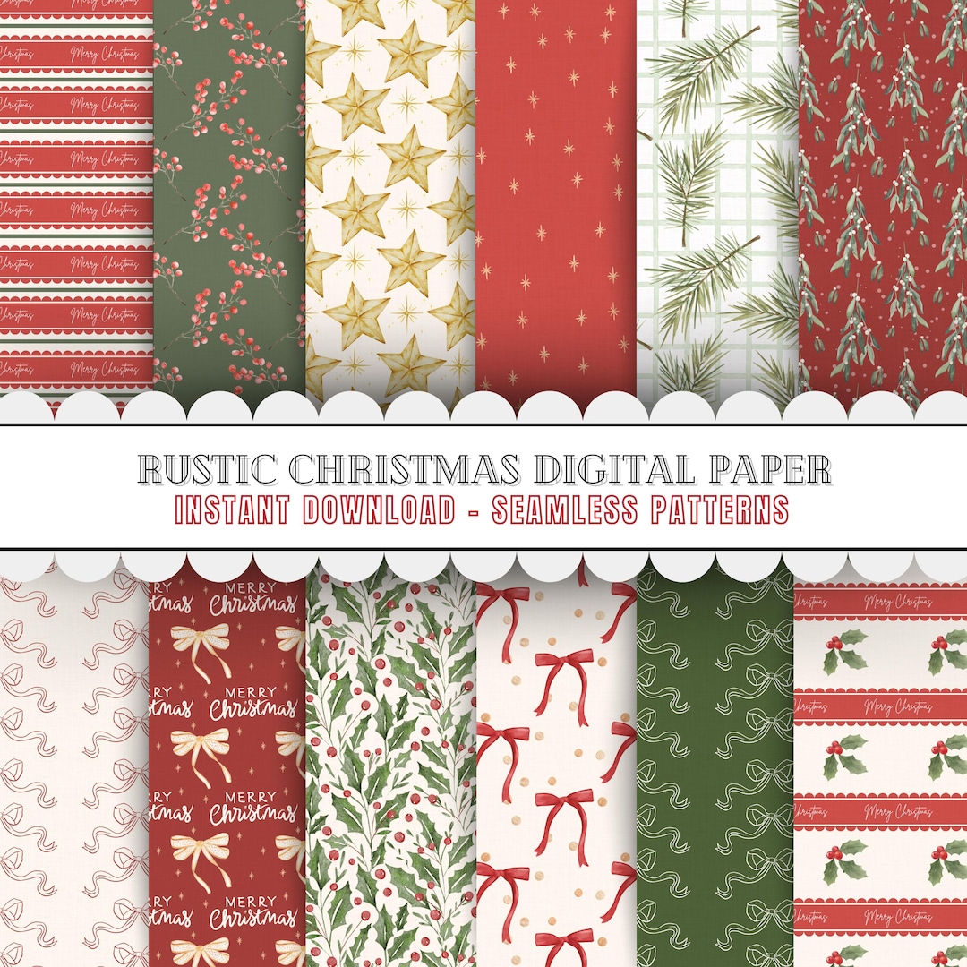 Seamless Rustic Christmas Digital Paper | Watercolor Christmas, Bows ...
